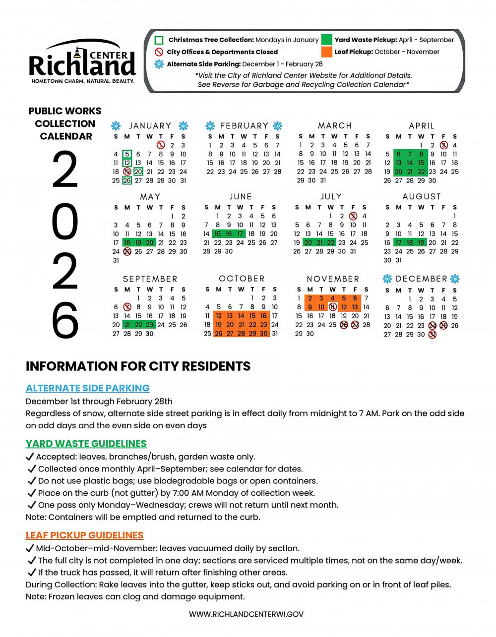 Public Works Collection Calendar | Richland Center Wisconsin