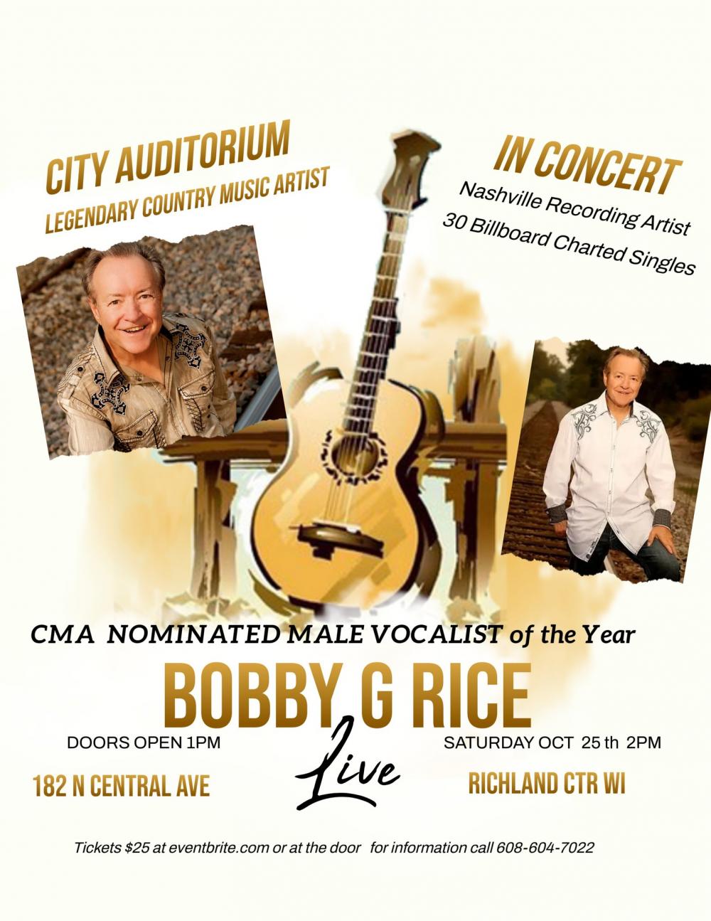 Bobby G Rice at the City Auditorium | Richland Center Wisconsin